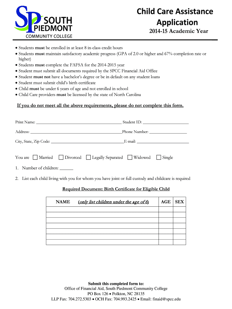 Fillable Online spcc Child Care Assistance Application - South Piedmont Community ... Fax Email ...