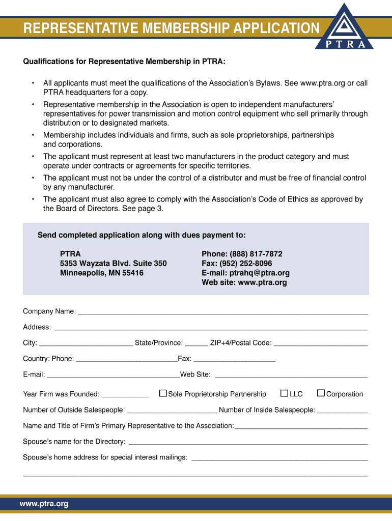Fillable Online ptra PDF Representative Membership Application Form ...
