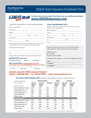 Fillable Online 1/1/15 - 12/31/15 USSSA Team Insurance Enrollment Form ...