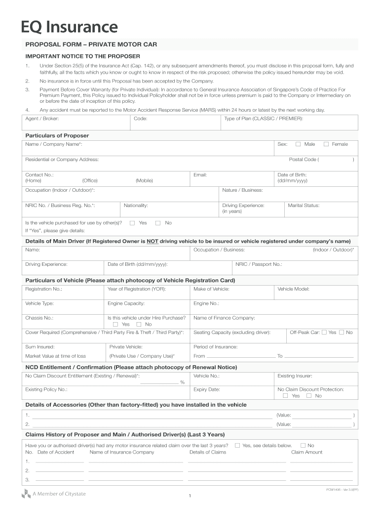 Fillable Online PROPOSAL FORM PRIVATE MOTOR CAR - EQ Insurance Fax ...