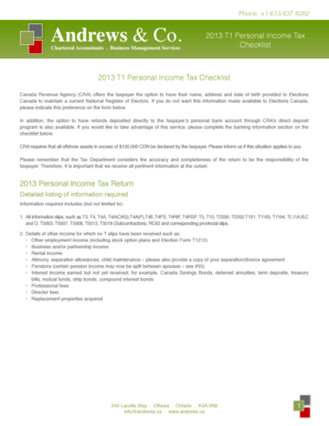 Fillable Online 2013 T1 Personal Income Tax Checklist 2013 Personal Income Tax ... Fax Email ...