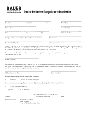 Fillable Online bauer uh Request for Doctoral Comprehensive Examination ...