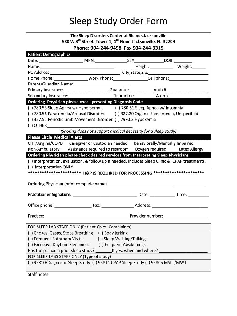 Fillable Online Sleep Study Order Form UF Health Jacksonville Fax