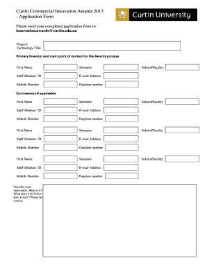 Fillable Online Curtin Commercial Innovation Awards 2013 - Application ...