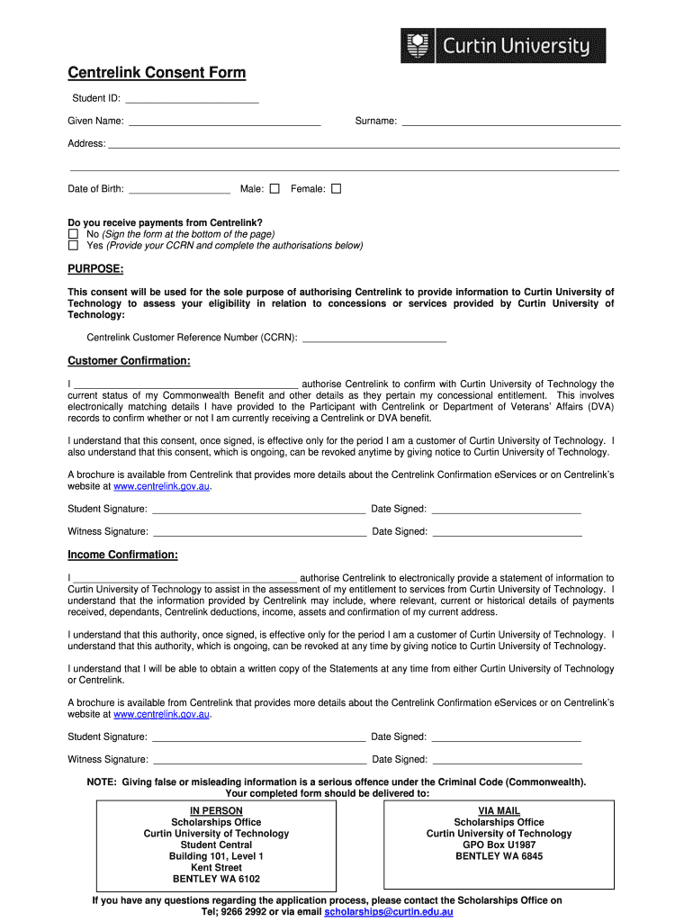Fillable Online scholarships curtin edu Centrelink Consent Form - Home ...