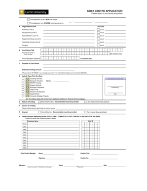 Fillable Online finance curtin edu Cost Centre Application Form ...