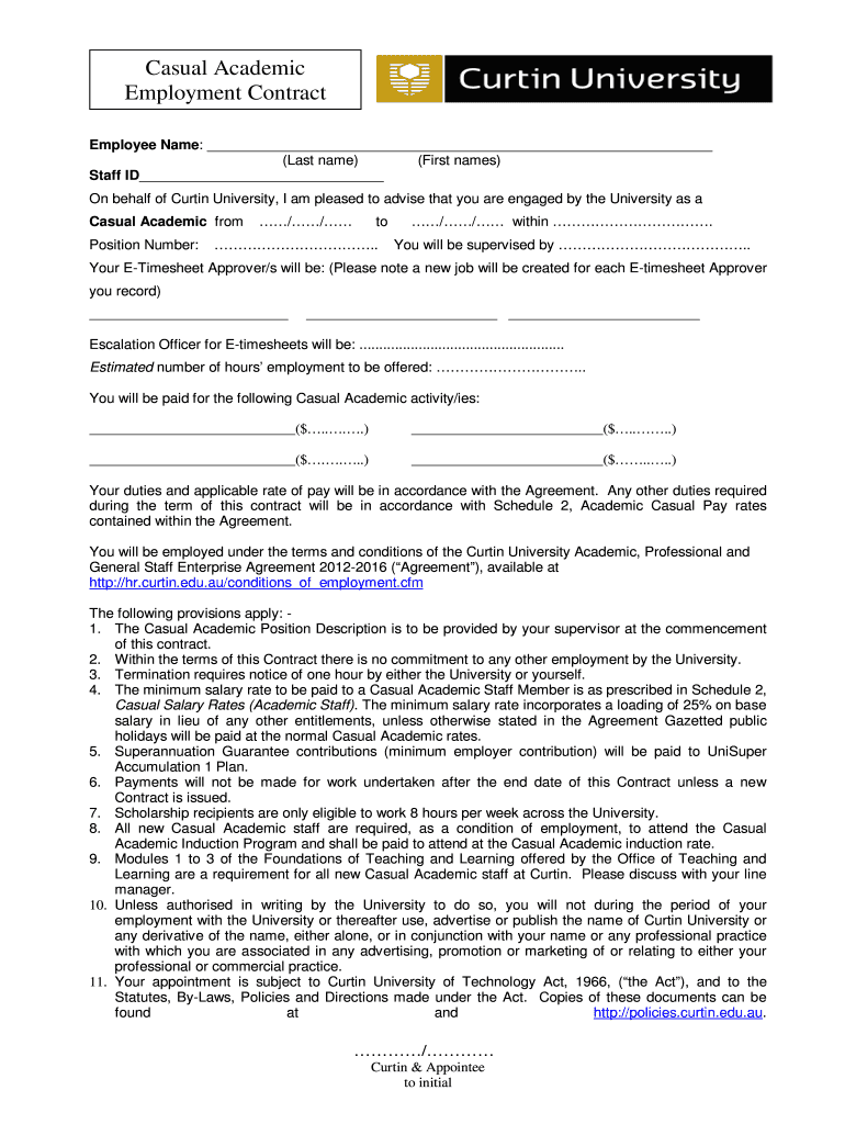 Fillable Online Casual Academic Employment Contract - Curtin University ...