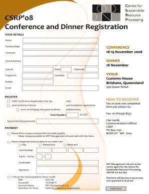 Fillable Online asdi curtin edu Conference and Dinner Registration Fax ...