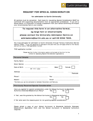 Fillable Online futurestudents curtin edu REQUEST FOR SPECIAL ...