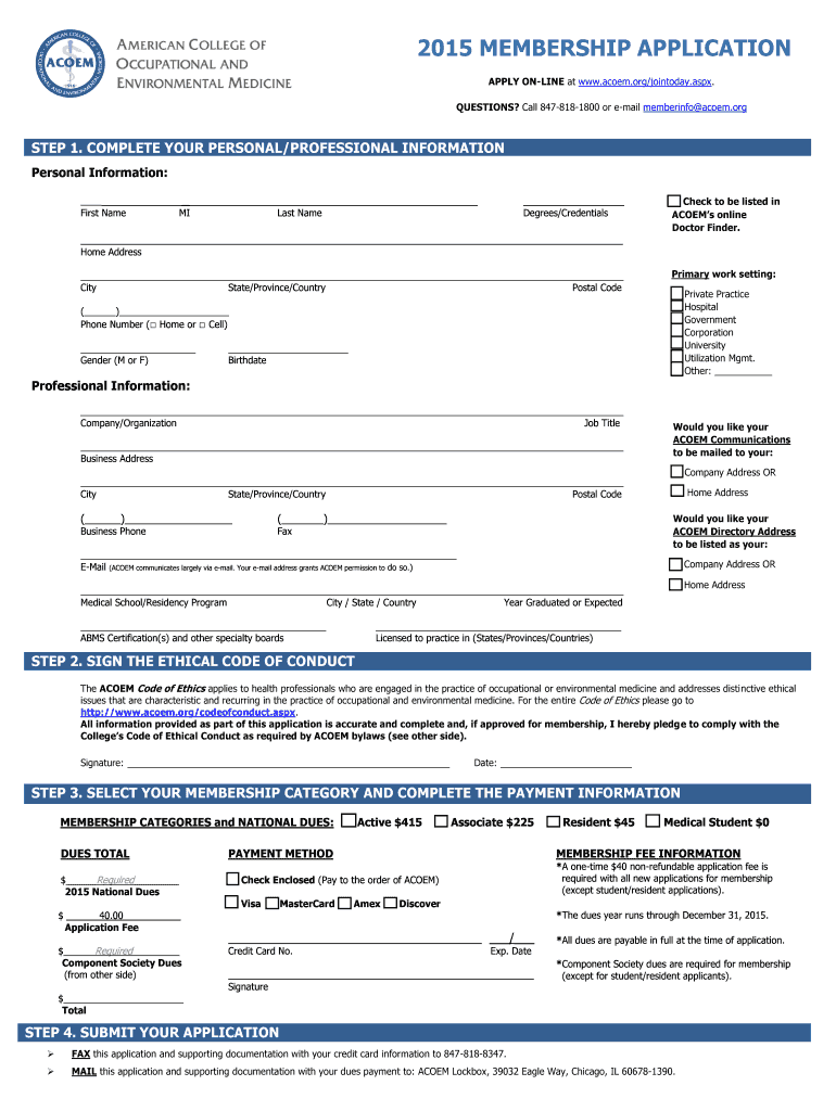 Fillable Online acoem QUESTIONS? - American College of Occupational and ... Fax Email Print ...
