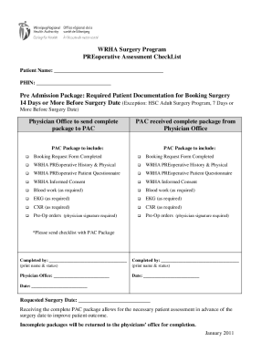 Fillable Online WRHA Surgery Program PREoperative Assessment CheckList ...