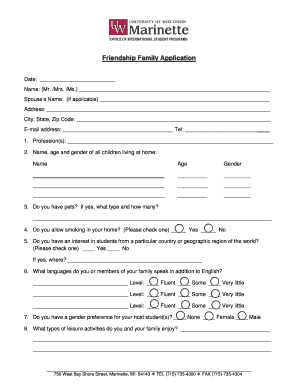 Fillable Online marinette uwc Friendship Family Application Fax Email ...