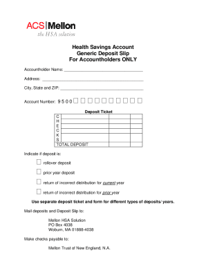 Fillable Online Health Savings Account Generic Deposit Slip For ... Fax ...