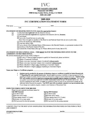 Fillable Online ivc 2009-2010 IVC CERTIFICATION STATEMENT FORM - Irvine ...