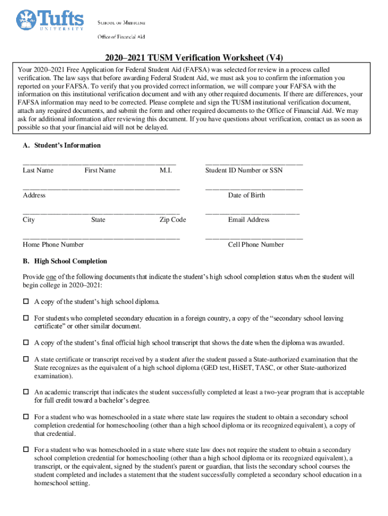 Fillable Online medicine tufts 20202021 TUSM Verification Worksheet (V4 ...