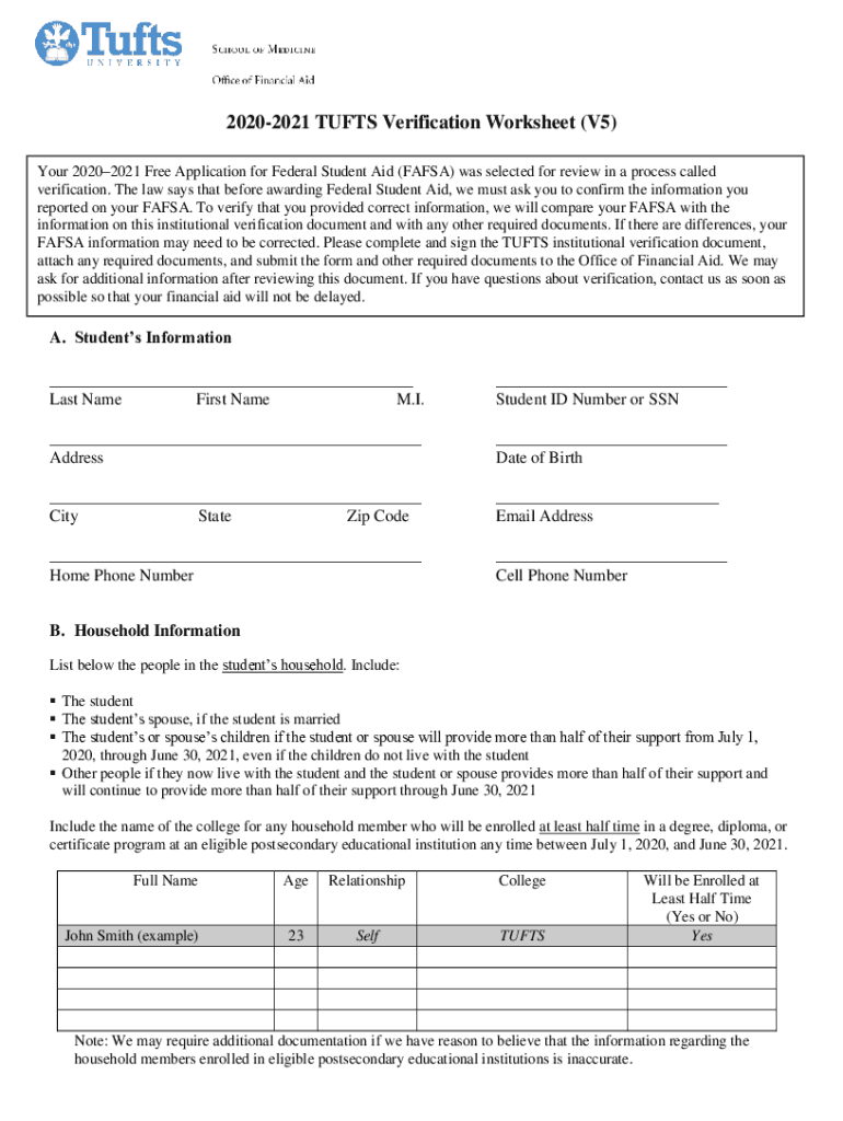 Fillable Online medicine tufts 2020-2021 TUFTS Verification Worksheet ...