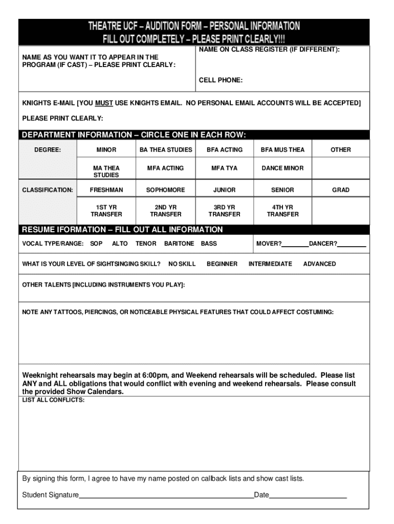 Fillable Online Theatre UCF Production Audition Form Fax Email Print ...