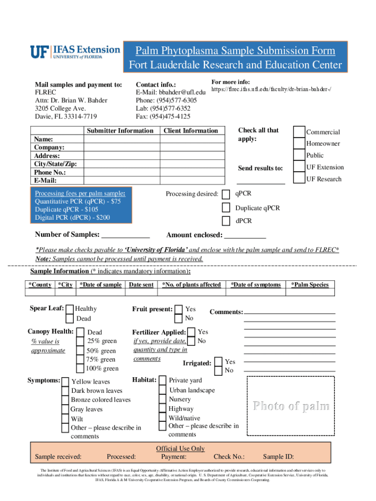 Fillable Online flrec ifas ufl Palm Phytoplasma Sample Submission Form Fort Lauderdale ... Fax ...