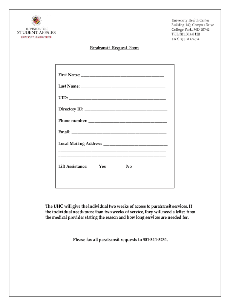 Fillable Online health umd Paratransit Request Form Fax Email Print ...