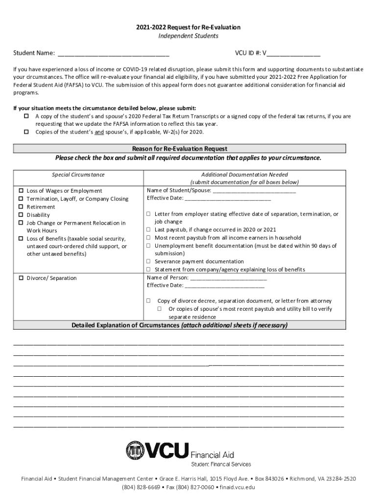 Fillable Online 2021-2022 Request for Re-evaluation Independent ...