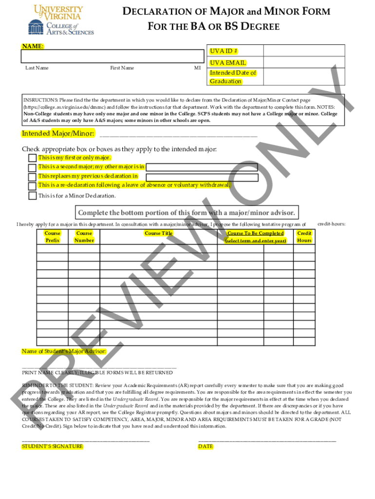 Fillable Online college as virginia DECLARATION OF MAJOR M FORM FOR THE ...