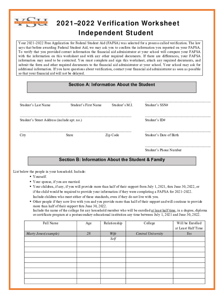 Fillable Online 2021 2022 Verification Worksheet: Independent Student Fax Email Print - pdfFiller