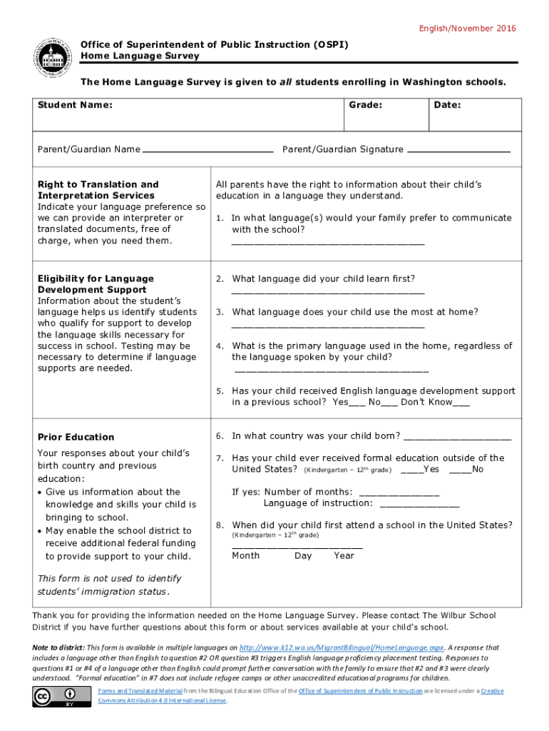 Fillable Online Home Language Survey - Home of the Wildcats Fax Email ...