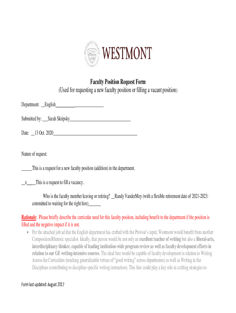 Fillable Online Faculty Position Request Form (Used for requesting a ...
