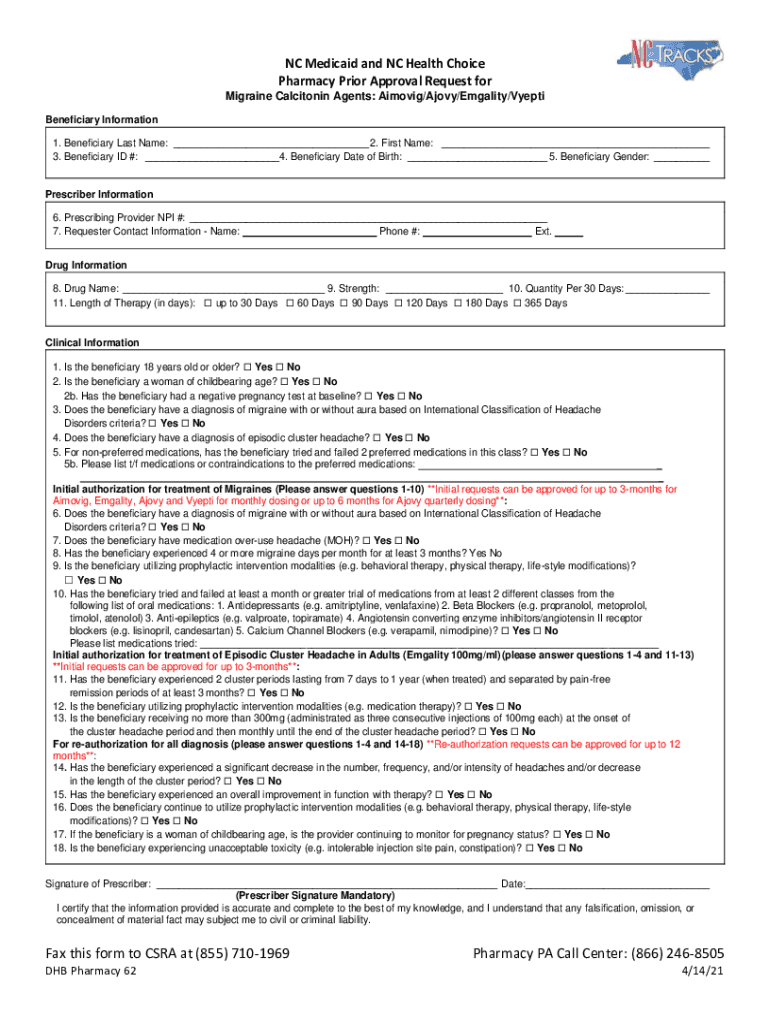 Fillable Online NC Medicaid: Prior Authorization Criteria Migraine ...