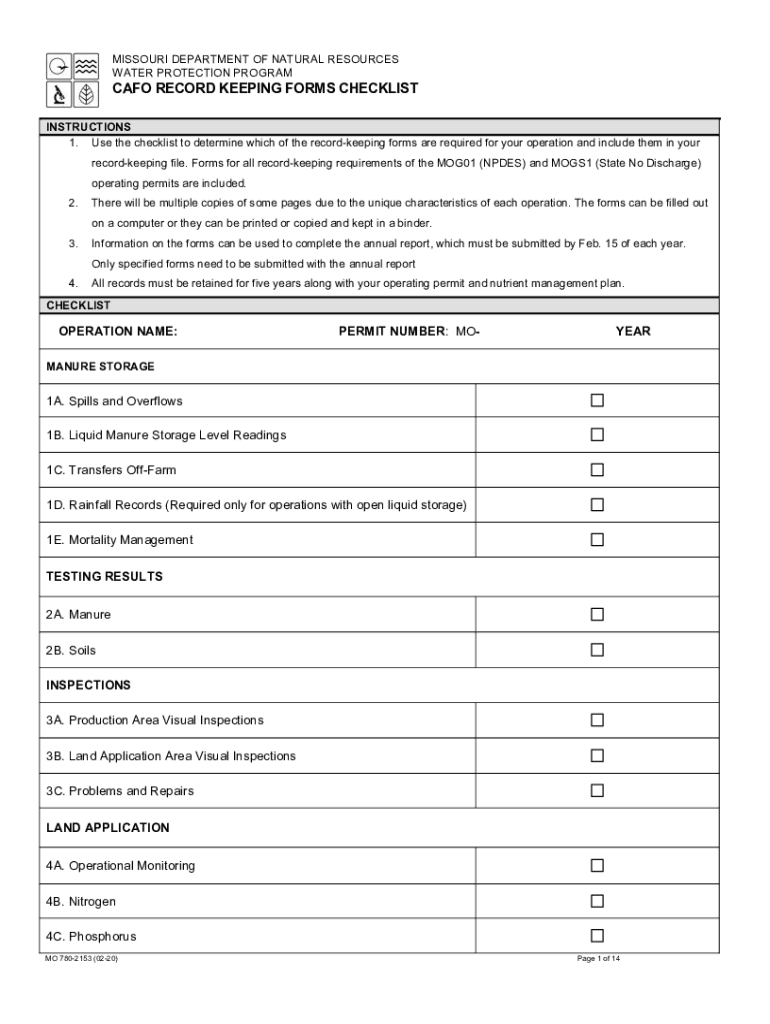 Fillable Online Form MO780-2153 "Cafo Record Keeping Forms Checklist ...