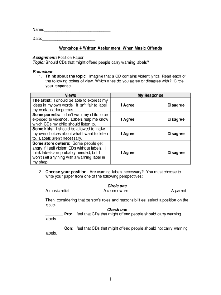 Fillable Online When Music Offends Position Paper Assignment. This ...
