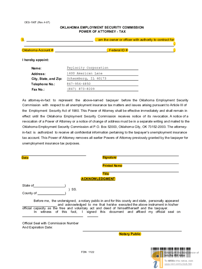 Fillable Online Form Oes-190t Power Of Attorney - Tax - Oklahoma ...