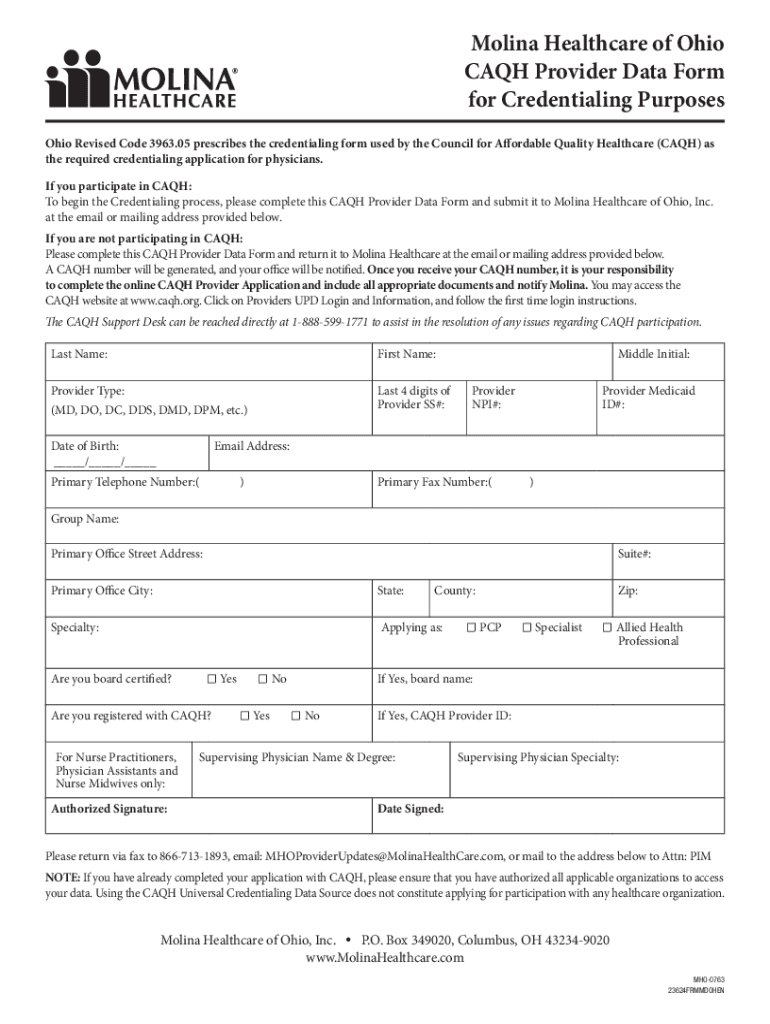Fillable Online Molina Healthcare of Ohio CAQH Provider Data Form for Credentialing Purposes ...