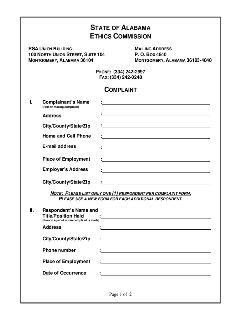 Fillable Online STATE OF ALABAMA ETHICS COMMISSION MAILING ADDRESS RSA ...