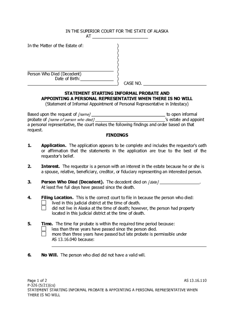 AT In the Matter of the Estate of: ) - Alaska Court System: Fill out ...