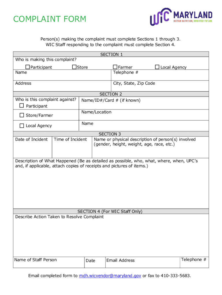 Fillable Online COMPLAINT FORM - phpa.health.maryland.gov Fax Email ...