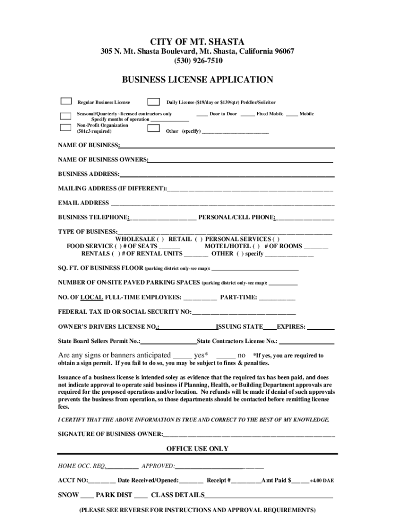 Fillable Online BUSINESS LICENSE APPLICATION - Mt. Shasta, California ...