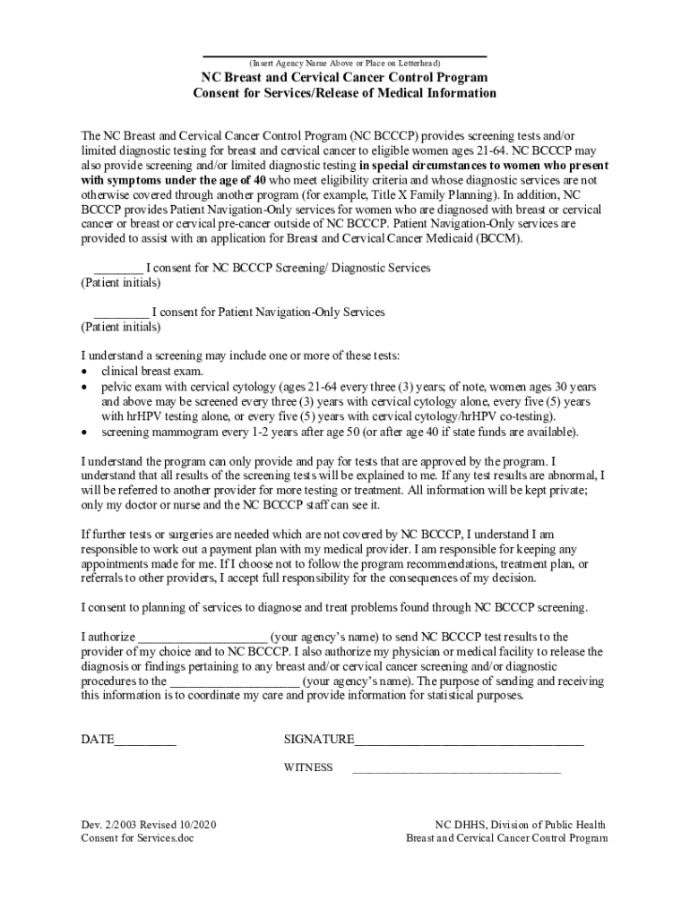 Fillable Online SAMPLE - NC DPH: Breast and Cervical Cancer Control ...