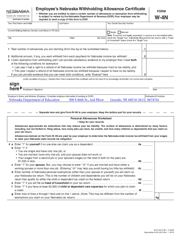 Fillable Online s Nebraska Withholding Allowance Certificate FORM ...