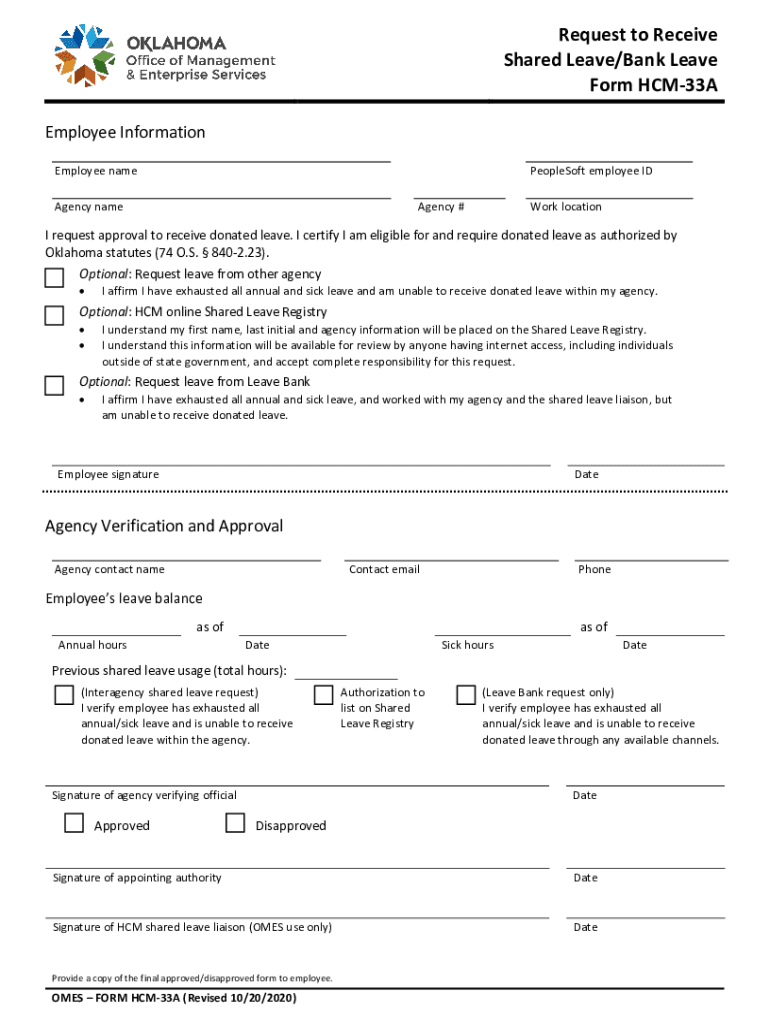 Fillable Online Request to Receive Shared Leave/Bank Leave Form HCM-33A ...