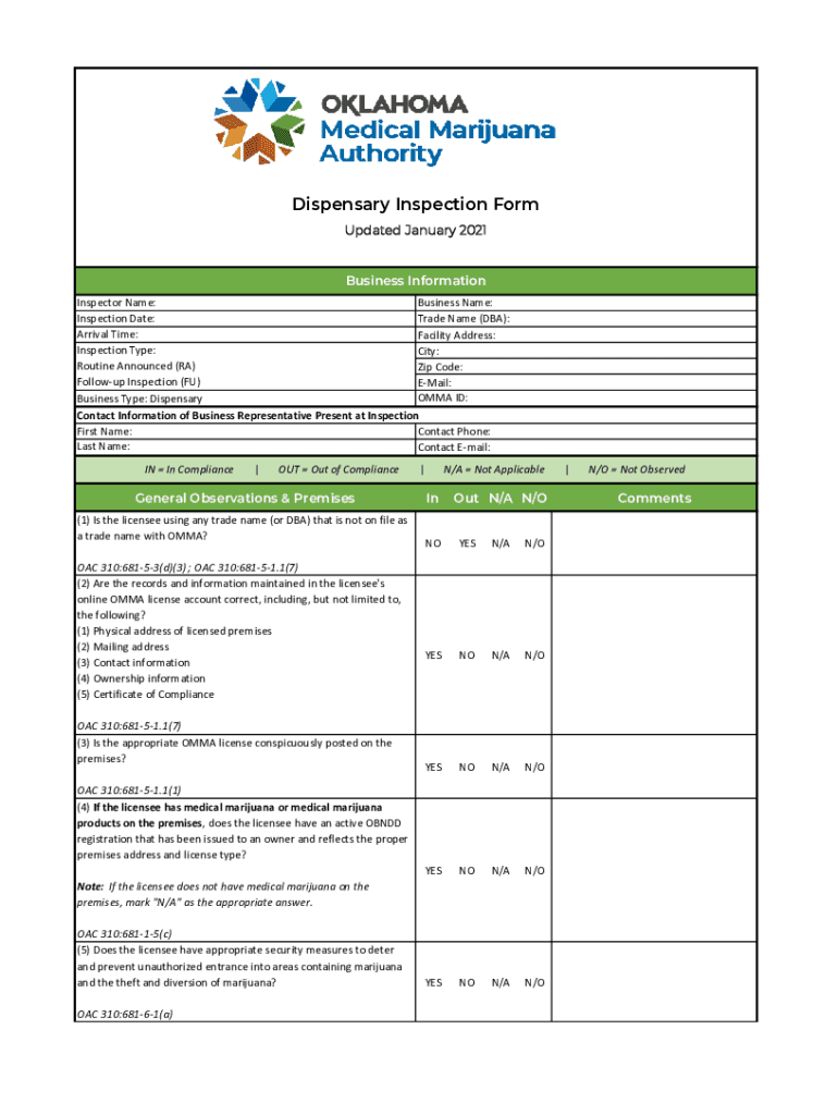 Fillable Online Dispensary Inspection Form - Oklahoma Fax Email Print ...