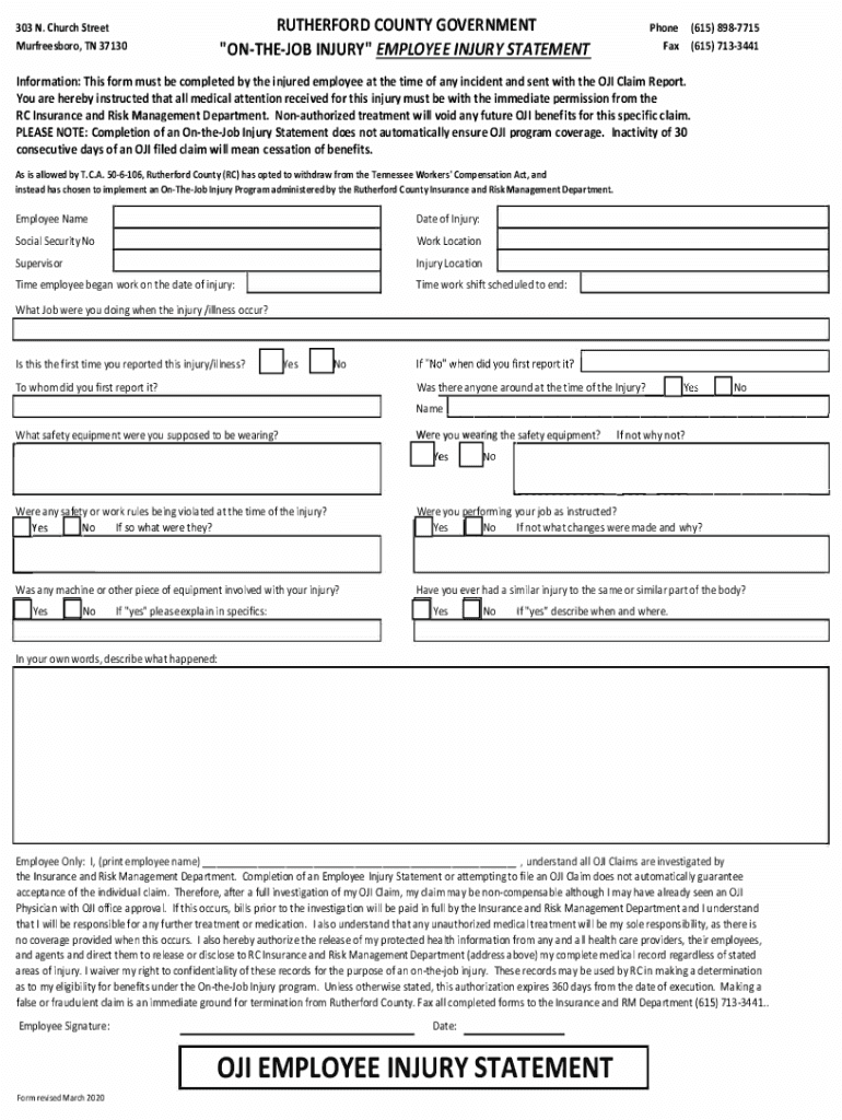 Fillable Online "ON-THE-JOB INJURY" EMPLOYEE INJURY STATEMENT Fax Email ...