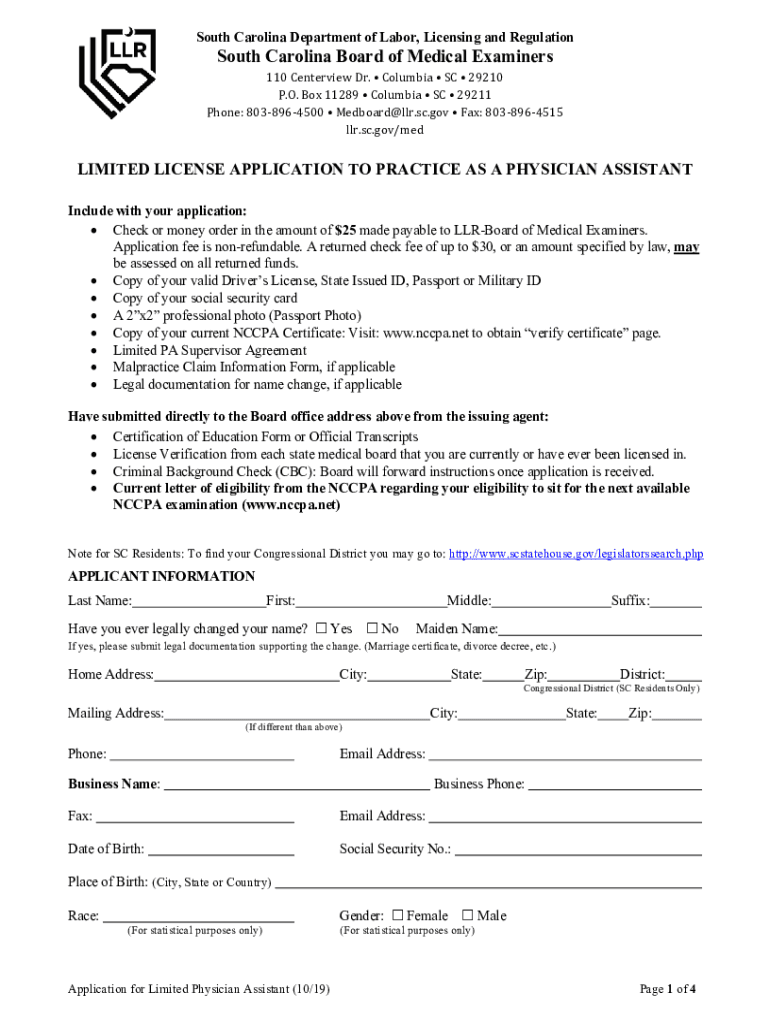 Fillable Online llr sc Physician Assistant State Licensing: Everything ...