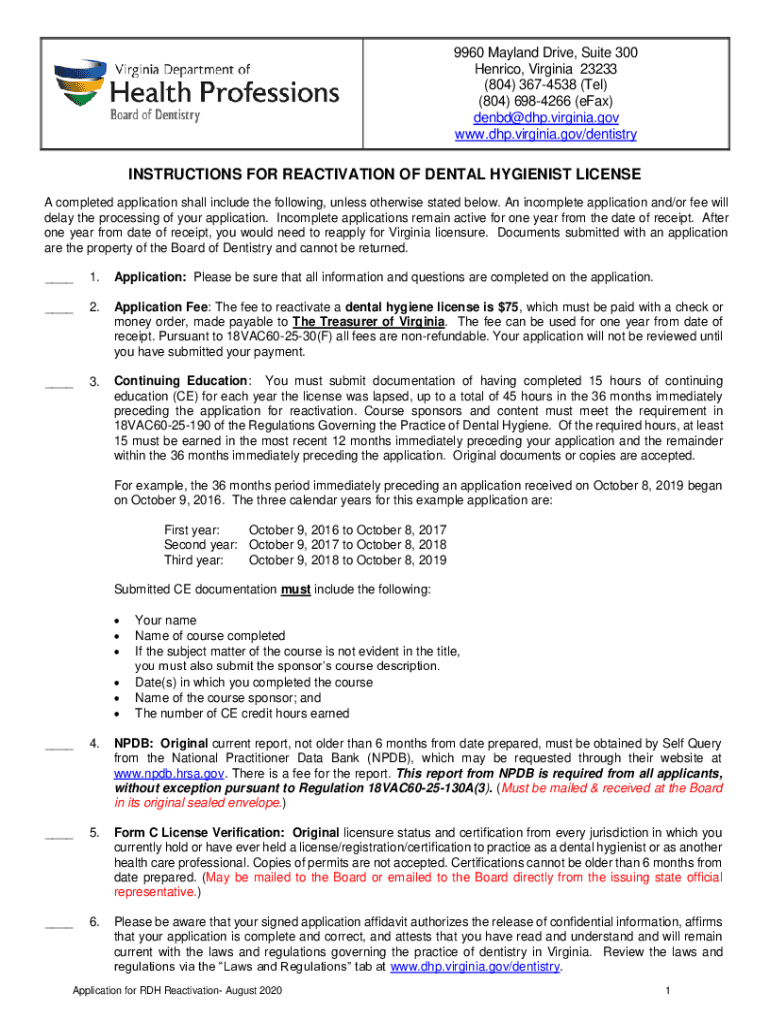 Fillable Online Application for Reactivation of Dental Hygiene License ...