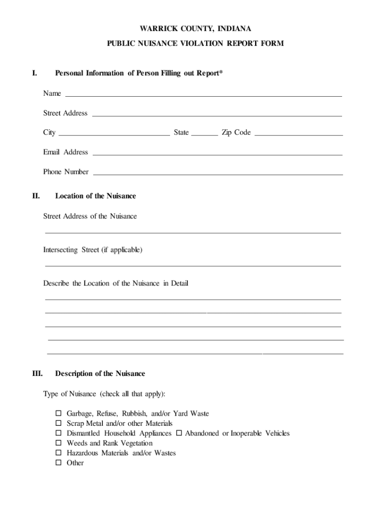 Fillable Online WARRICK COUNTY, INDIANA PUBLIC NUISANCE VIOLATION ...