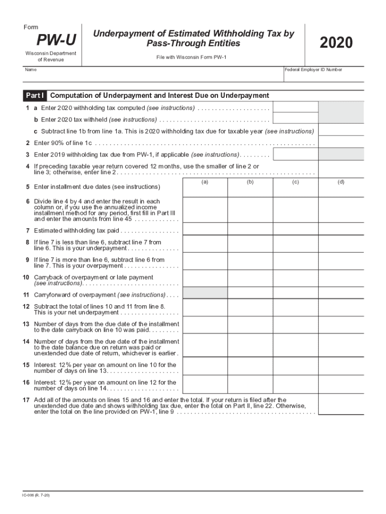 Fillable Online Fillable Online revenue wi Form PW-U Wisconsin ...
