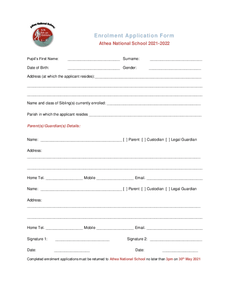 Fillable Online Enrolment Application Form - Drom National School Fax Email Print - pdfFiller