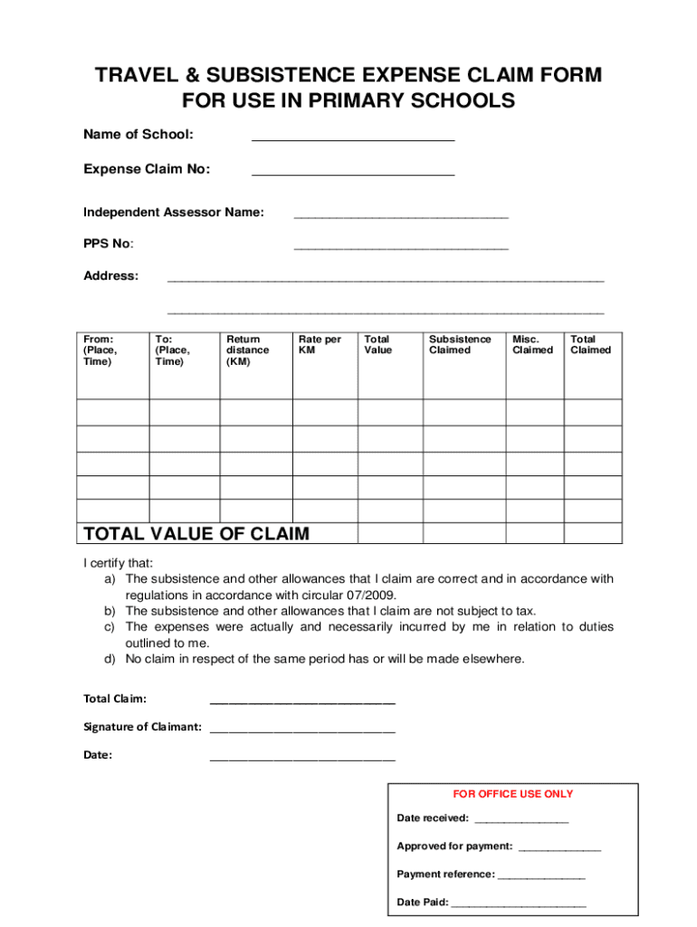 Fillable Online TRAVEL & SUBSISTENCE EXPENSE CLAIM FORM FOR USE IN ...