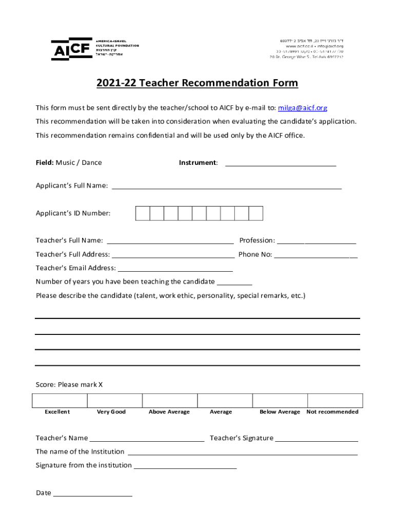 Fillable Online 2021-22 Teacher Recommendation Form Fax Email Print ...