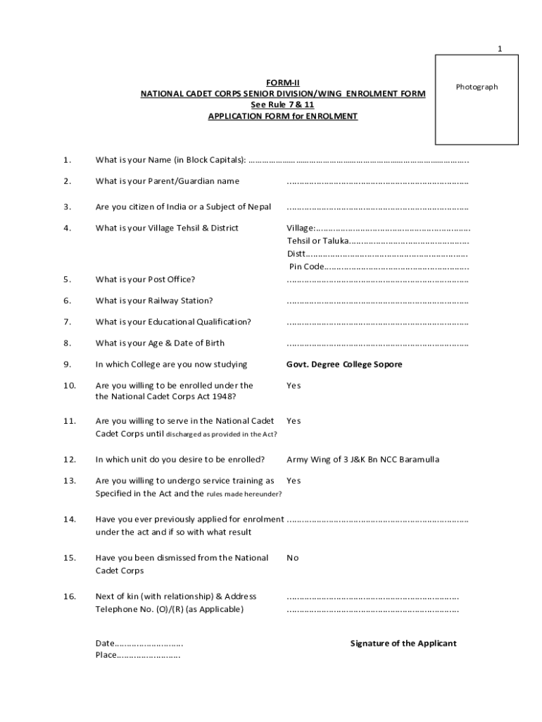 Fillable Online gdcsopore ac NCC Application Form for Enrolment of ...